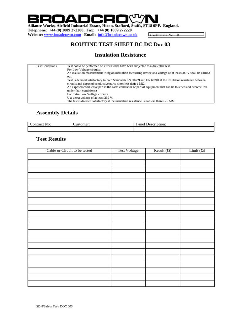 Testing Certificates - Insulation Resistance | PDF