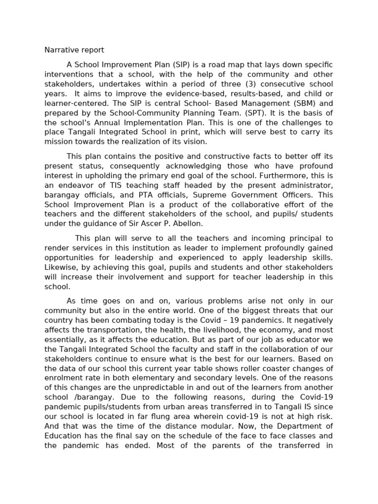Narrative-report-for-SIP | PDF | Teachers | Leadership