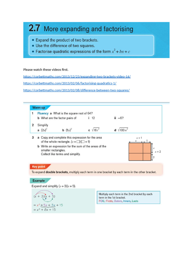 2.7 More Expanding and Factorising Worksheet | PDF
