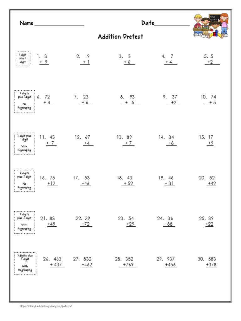 Addition and Subtraction Pretest | Arithmetic | Physics & Mathematics