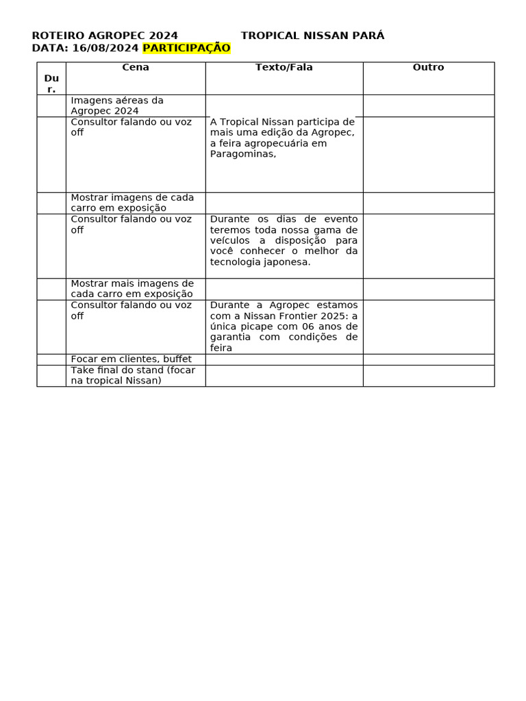 Roteiro Agropec | PDF