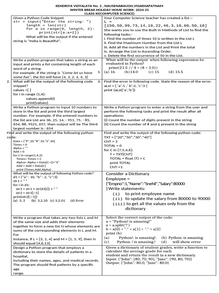 Winter Holidays Home Work Class Xi Cs Pdf String Computer Science Python Programming