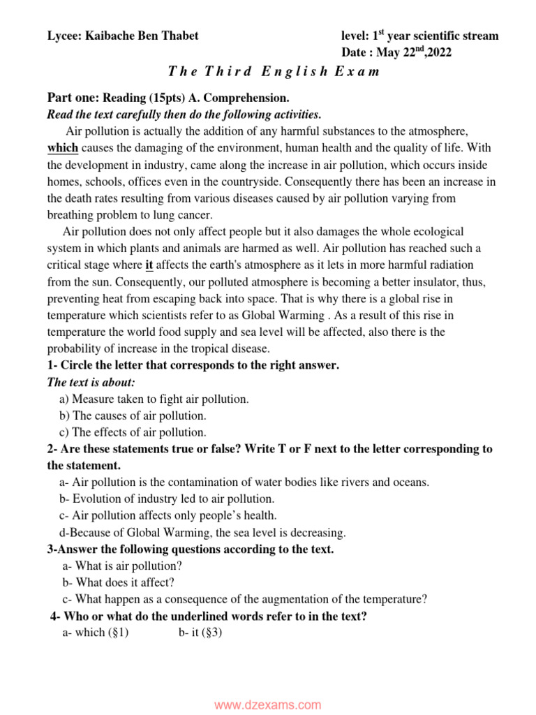 Dzexams 1as Anglais 77427 | PDF | Atmosphere Of Earth | Pollution