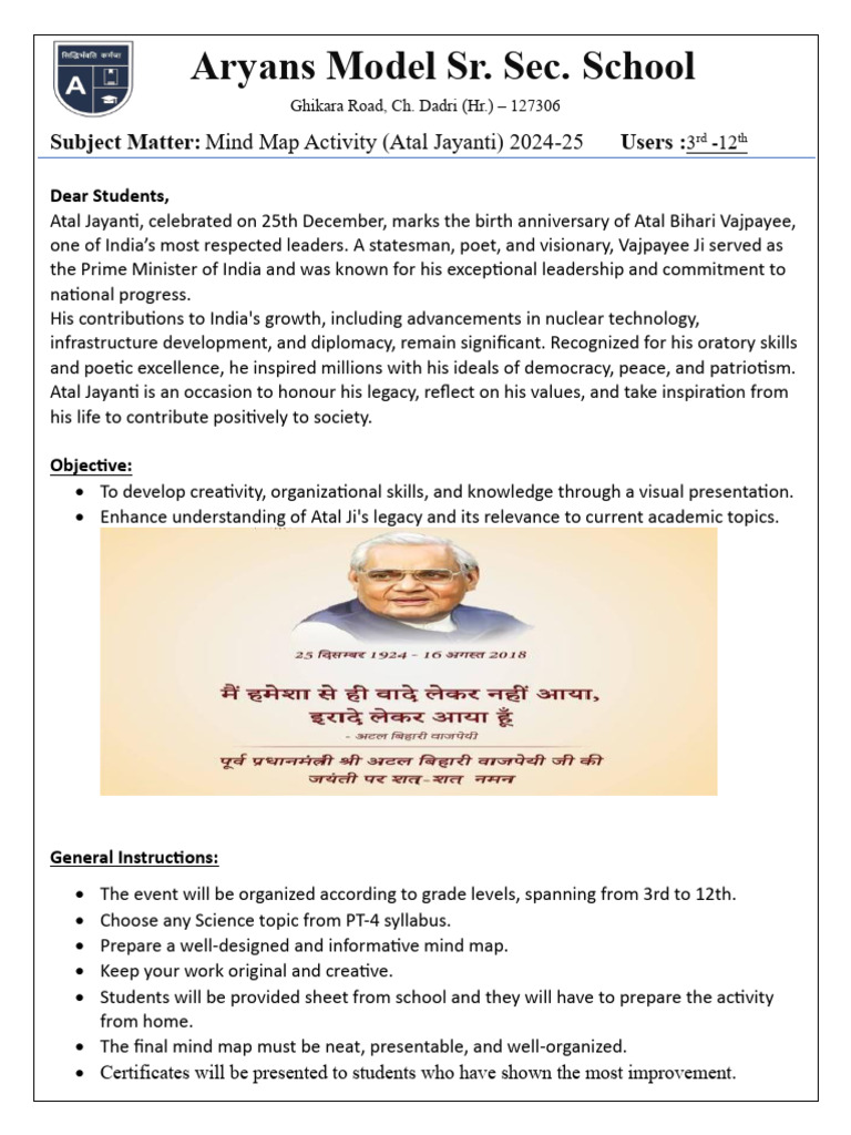 Mind Map Activity (Atal Jayanti) 2024-25-1 | PDF