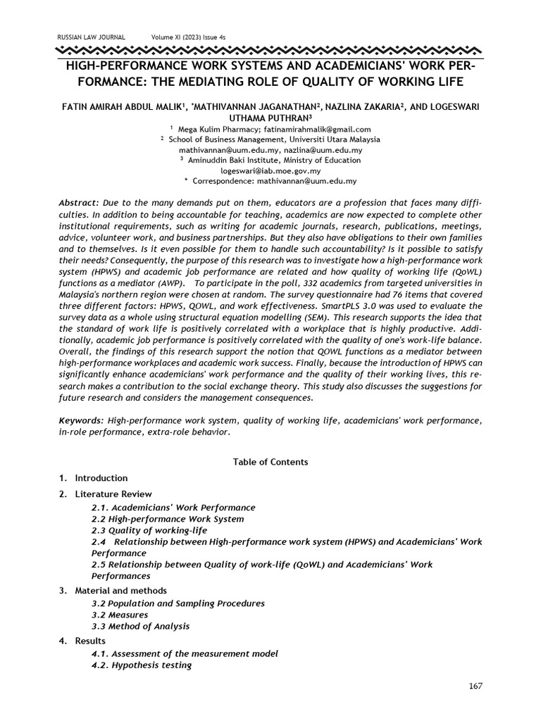 High Performance Work Systems and Academicians Work Per Formance The ...