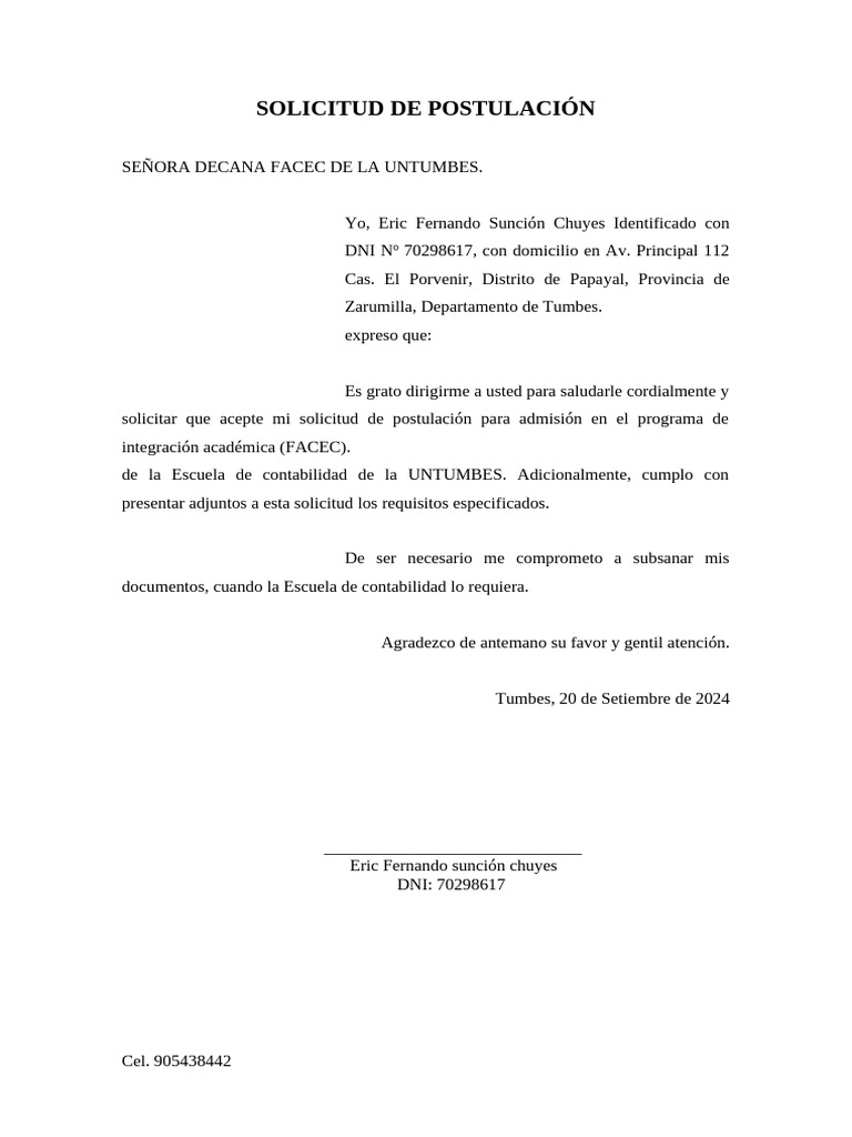 Solicitud de Postulación | PDF