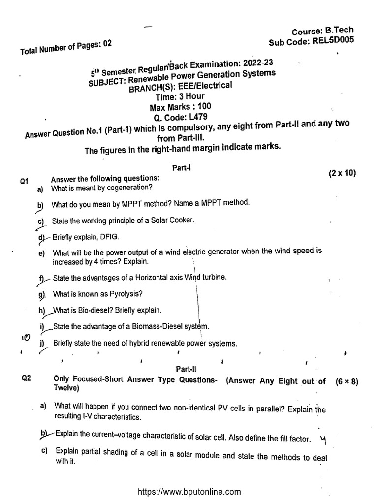 Btech Eee Electrical 5 Sem Renewable Power Generation Systems Rel5d005 2023 | PDF