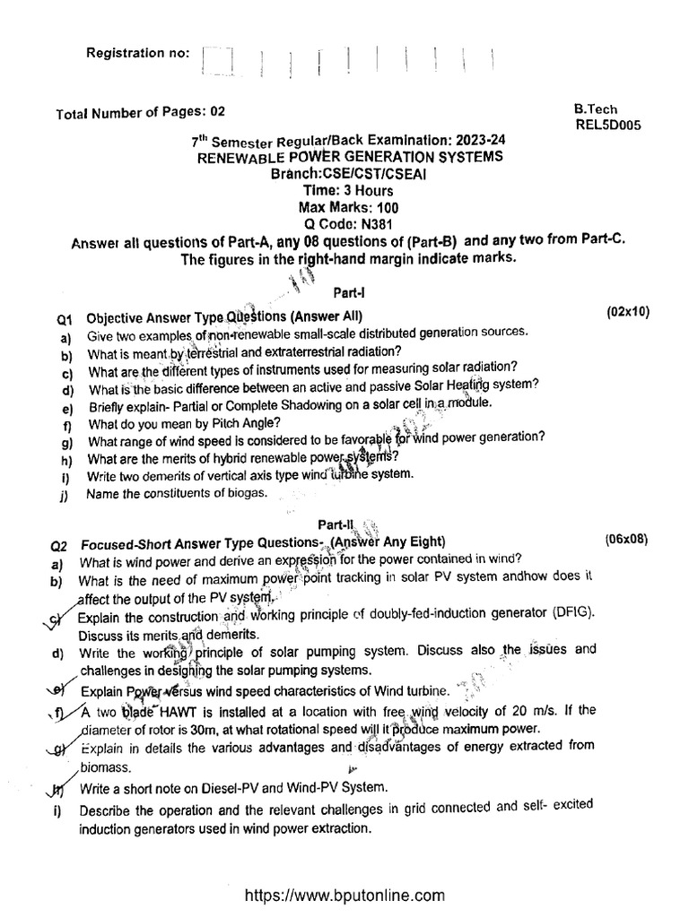 Btech Cse CST Cseai 7 Sem Renewable Power Generation Systems Rel5d005 2024 | PDF