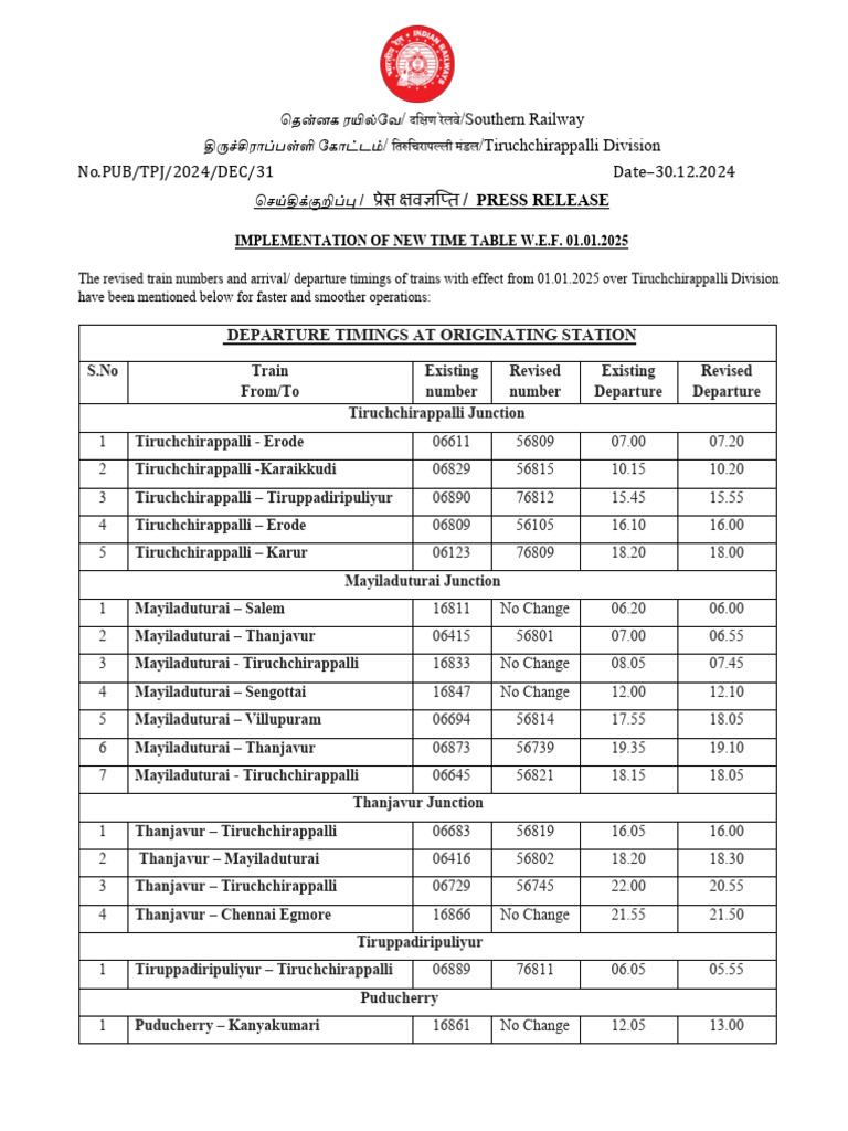 30 12 2024 New Time Table WEF 01 01 2025 | PDF