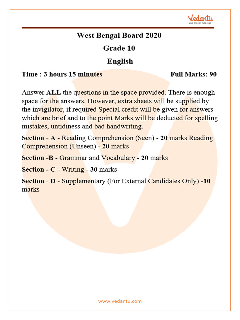 Wbbse Class 10 English Question Paper 2020 | PDF | Water | Groundwater
