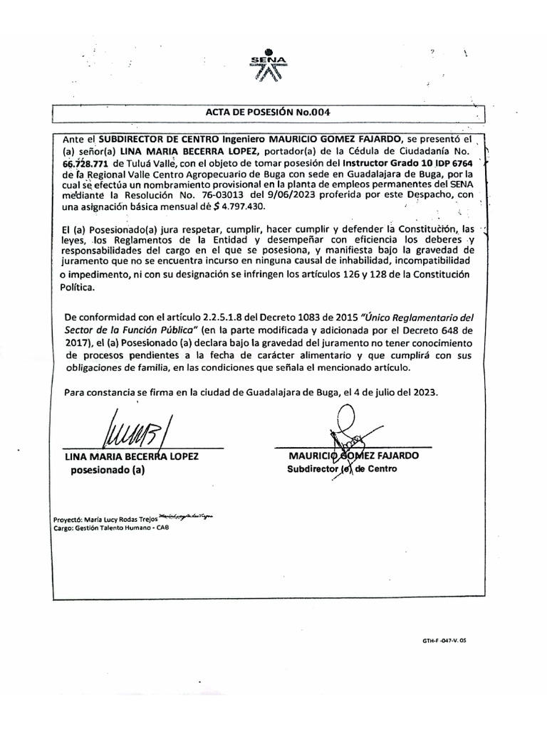 ACTA POSESIÓN LINA MARIA BECERRA LOPEZ | PDF