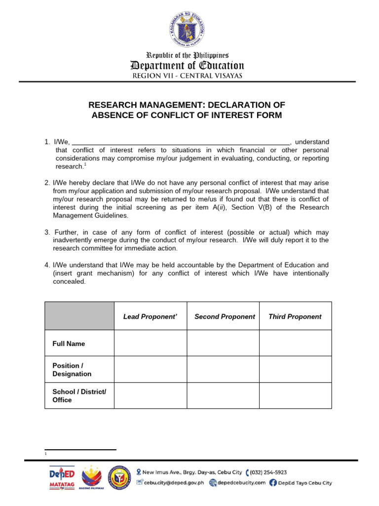 RO-PPRD-F009 - Research Management-Declaration of Absence of Conflict of Interest Form | PDF