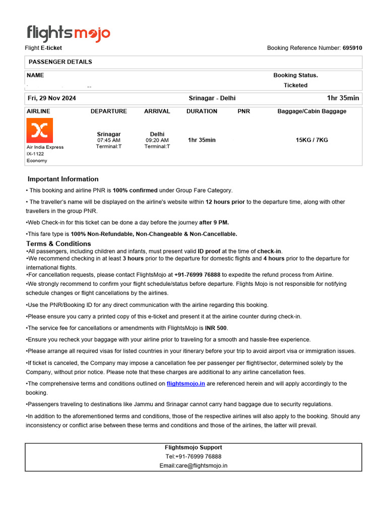 Srinagar to Delhi Flight E-ticket Details | PDF | Airlines | Aviation