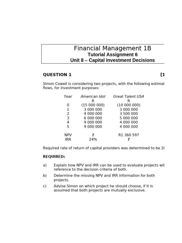 Tutorial 6 Eng - Capital Investment Decisions | PDF | Internal Rate Of Return | Net Present Value