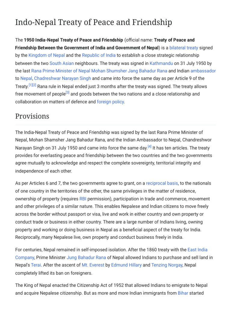 Indo-Nepal Treaty of Peace and Friendship - Wikipedia | PDF | Nepal | International Law