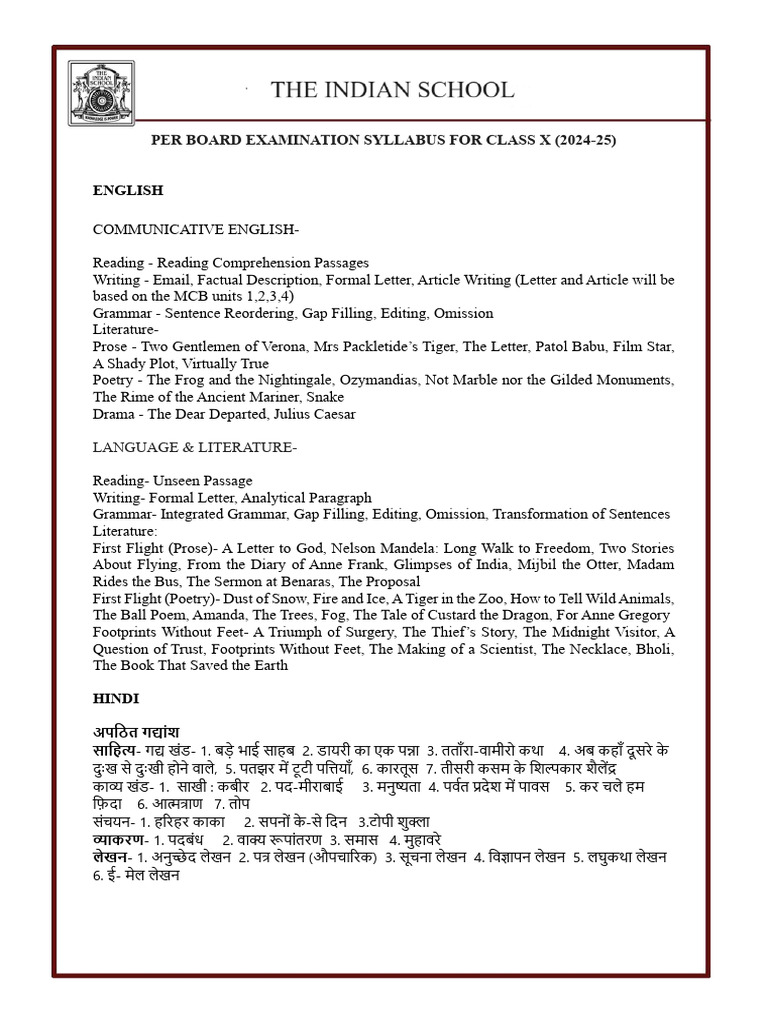 Pre Board Syllabus Class X 2024 25 | PDF | Equations | Area