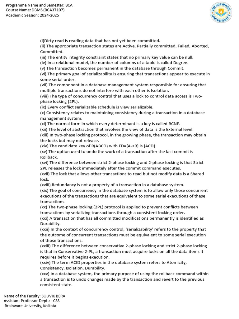 Key Points of DBMS (37107) | PDF | Database Transaction | Relational Model