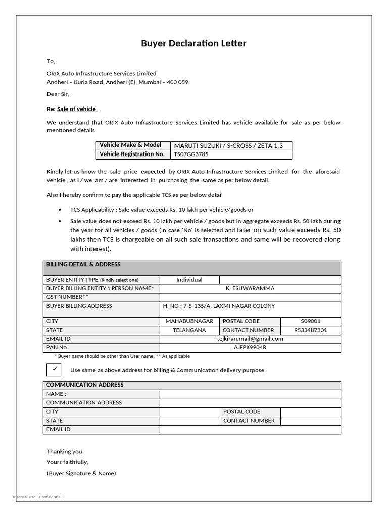 Buyer Declaration Letter Format OAIS 1657089550091 | PDF