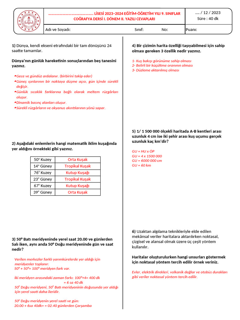 9 Sinif 1 Donem 2 Yazili Cevap Anahtari 2023 2024 | PDF