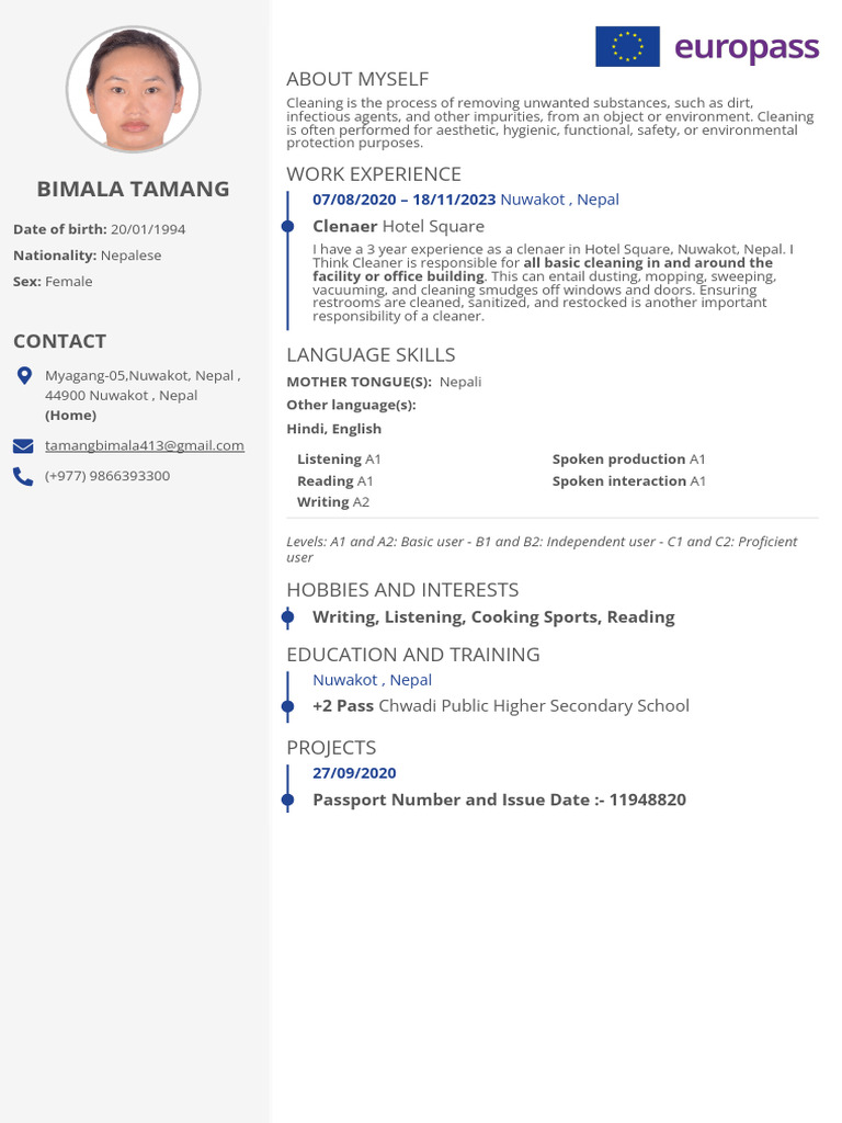 Bimala Tamang Euro Pass CV | PDF