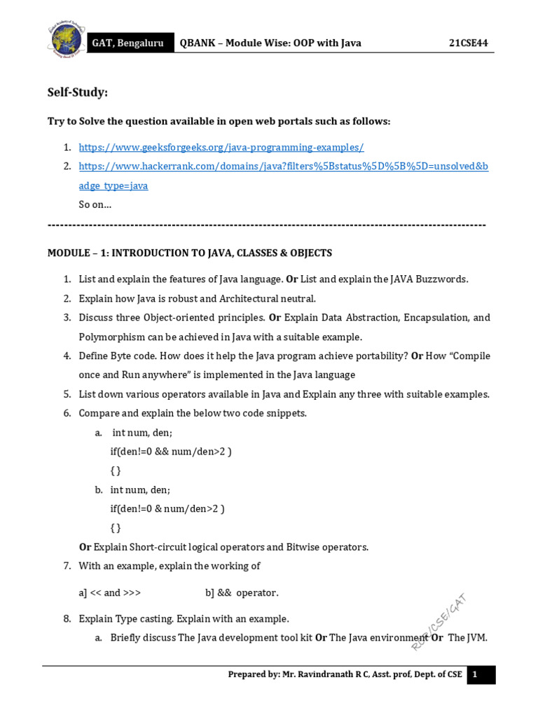 21CSE44_OOC using Java_QBANK | PDF | Inheritance (Object Oriented Programming) | Method ...