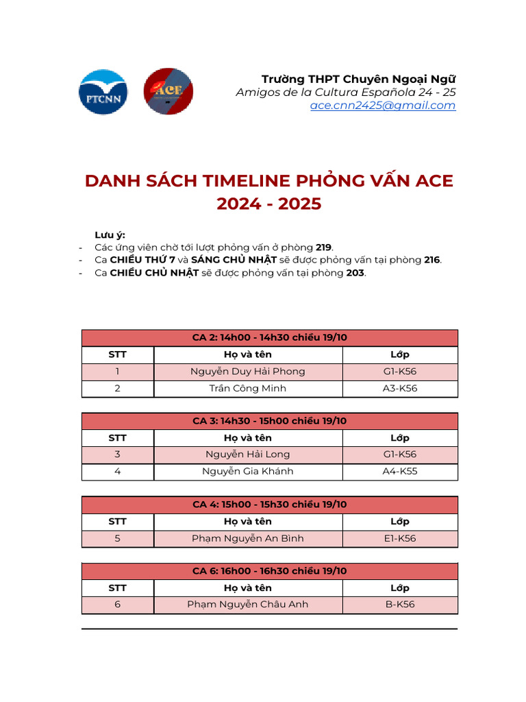 [ACE'24-25] DANH SÁCH TIMELINE PHỎNG VẤN | PDF