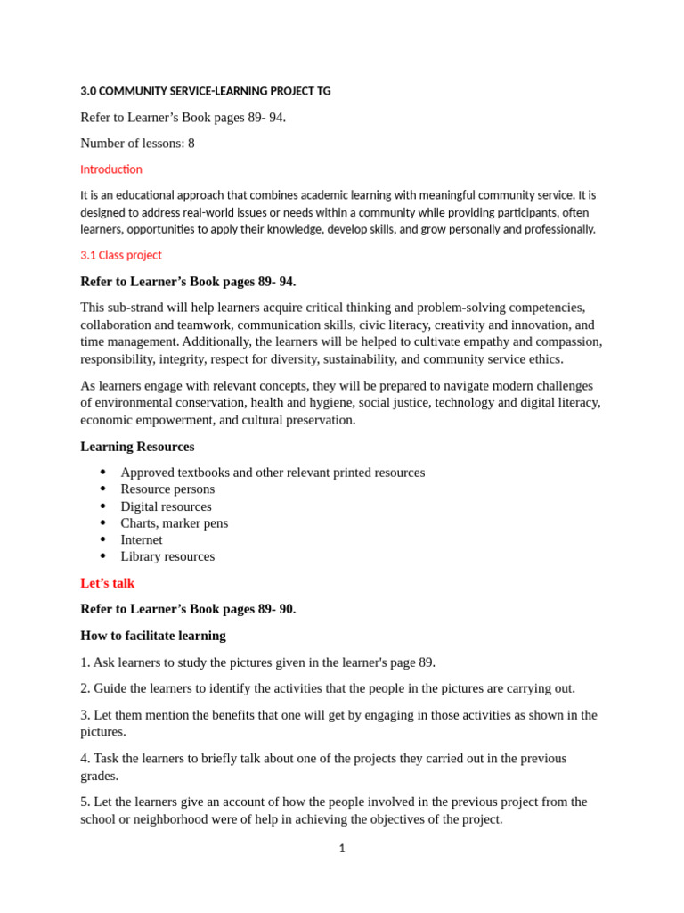 Community Service Learning Project Tg Pdf Learning Service Learning