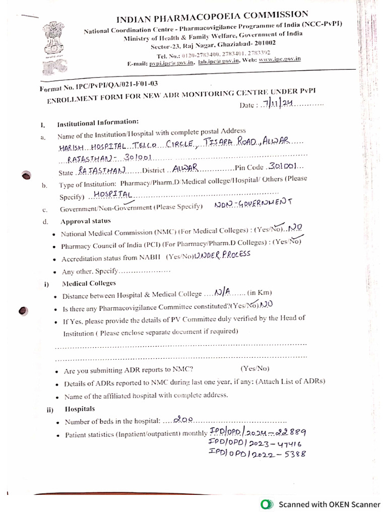 Enrollment Form For New Adr Monitoring Centre Under Pvpi | PDF
