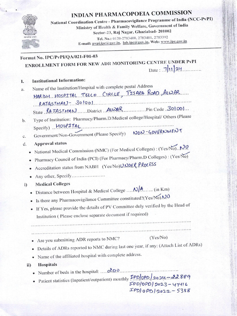 Enrolment Form New Adr Monitoring Centre Under Pvpi - 0001 | PDF