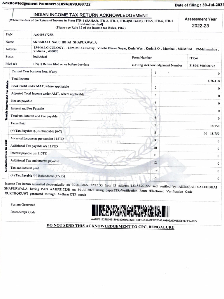 Ay 22-23 C.A. Certificate | PDF | Tax Refund | Income