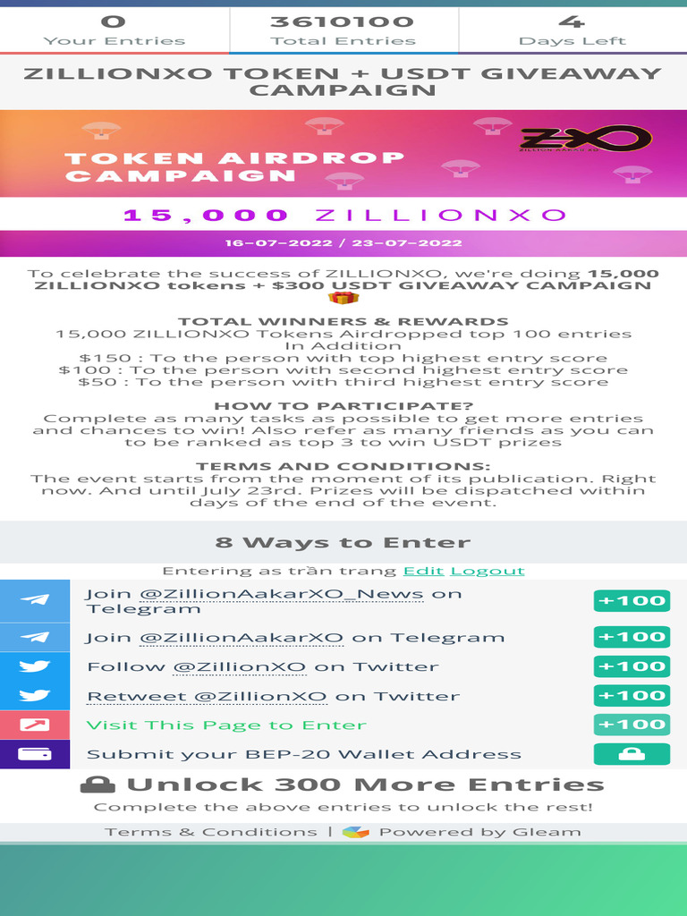 Zillionxo 15,000 Token + $300 Giveaway Campaign | PDF