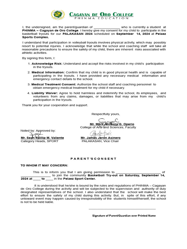 Parental Consent for Basketball Tryouts | PDF | Legal Liability | Consent