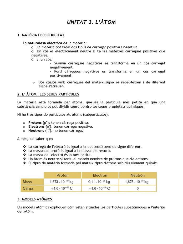 Teoria Unitat 3 Àtoms | PDF