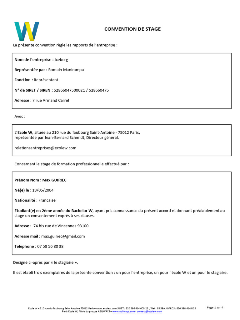 Convention de stage à l'École W | PDF | Paris