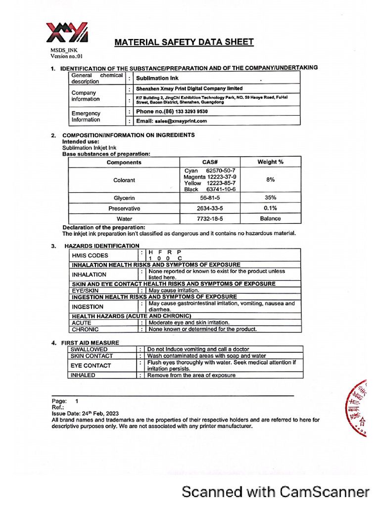 Sublimation Ink MSDS | PDF