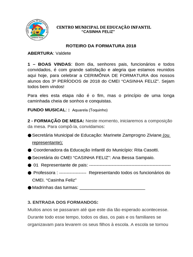 Roteiro Da Formatura Casinha 2018 | PDF | Amor