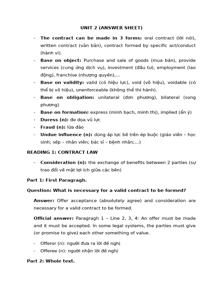 UNIT 2 (ANSWER SHEET) | PDF | Consideration | Damages
