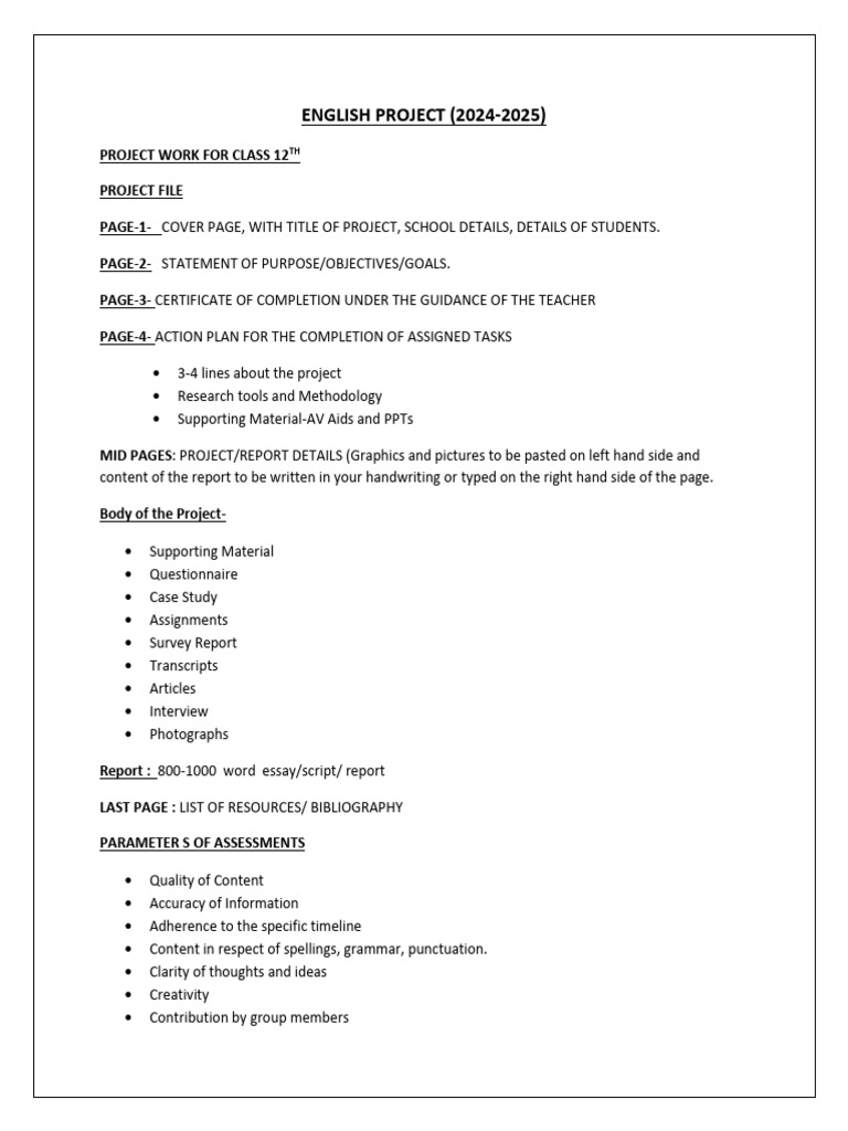 Class 12 English Project Guidelines | PDF