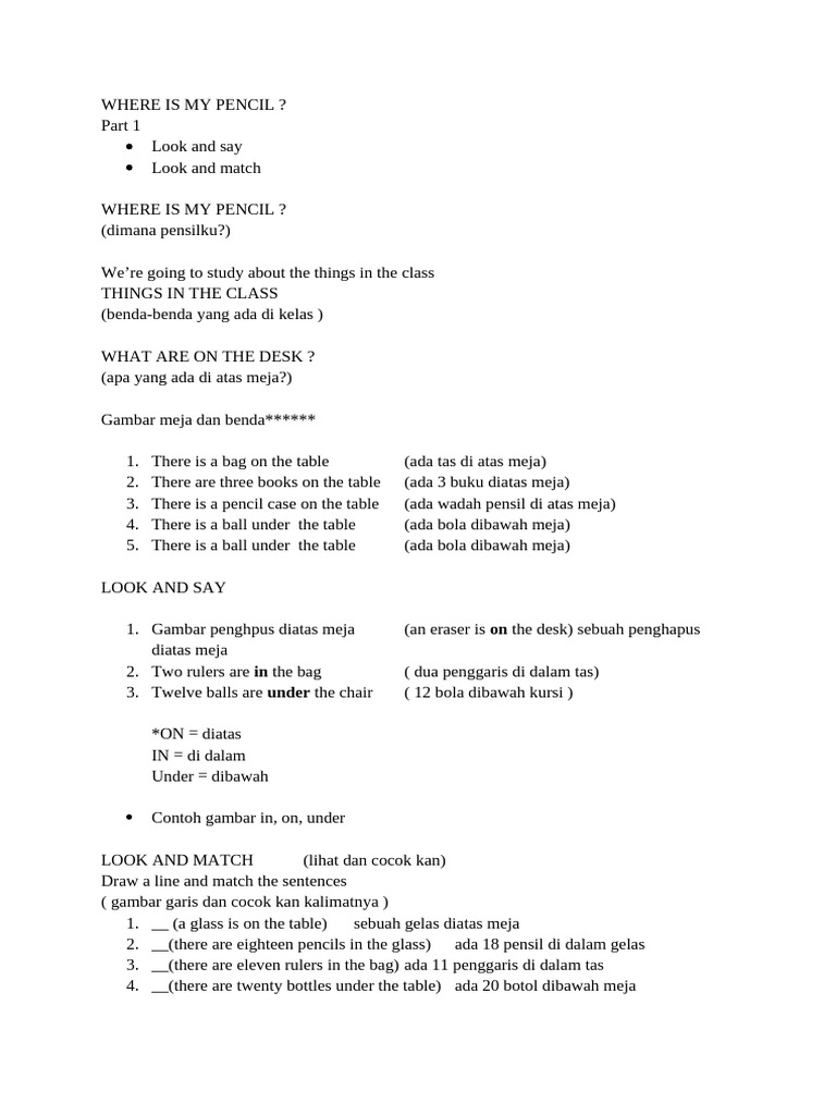 Classroom Objects and Their Locations | PDF