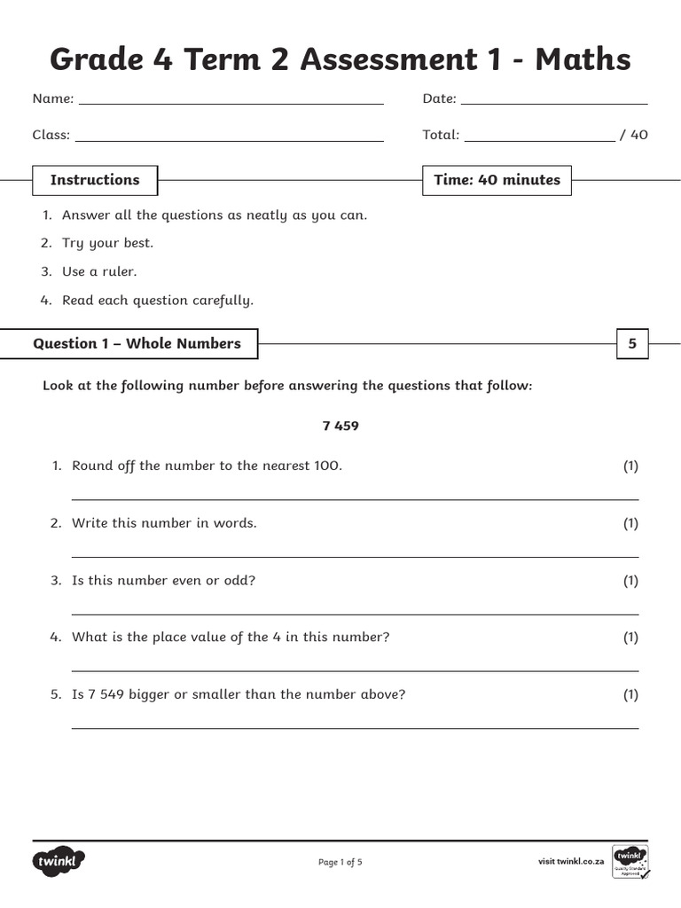 Grade 4 Term 2 Assessment 1 Maths Ver 2 | PDF | Numbers | Arithmetic
