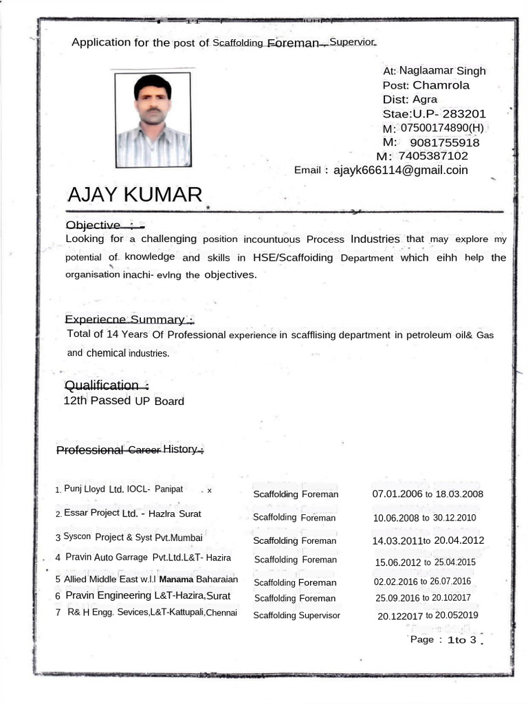 AJAY KUMAR SCAFFOLDER FOREMAN SUPERVISOR CV_NEW | PDF | Fossil Fuels | Energy Industry