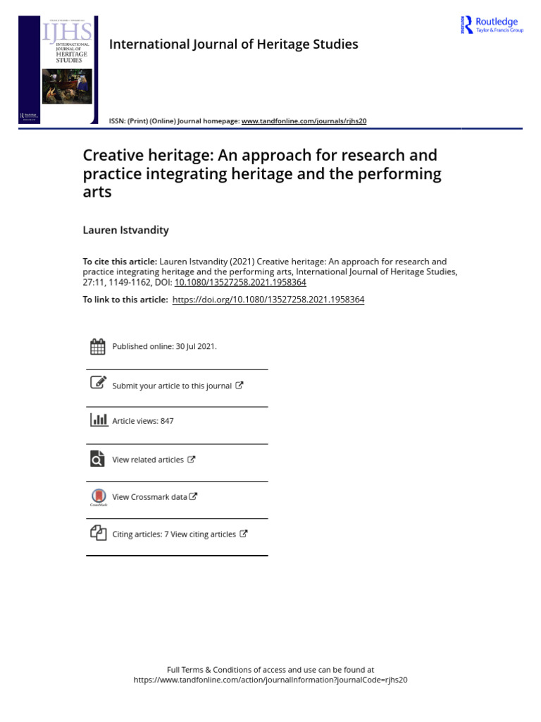 Creative Heritage an Approach for Research and Practice Integrating Heritage and the Performing ...