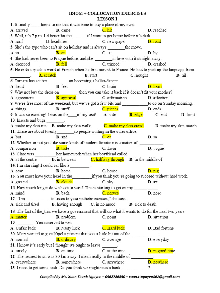 744 Cau Idiom Collocation Exercises Luyen Thi Chuyen Anh HSG Tieng Anh 12497 | PDF | Arm