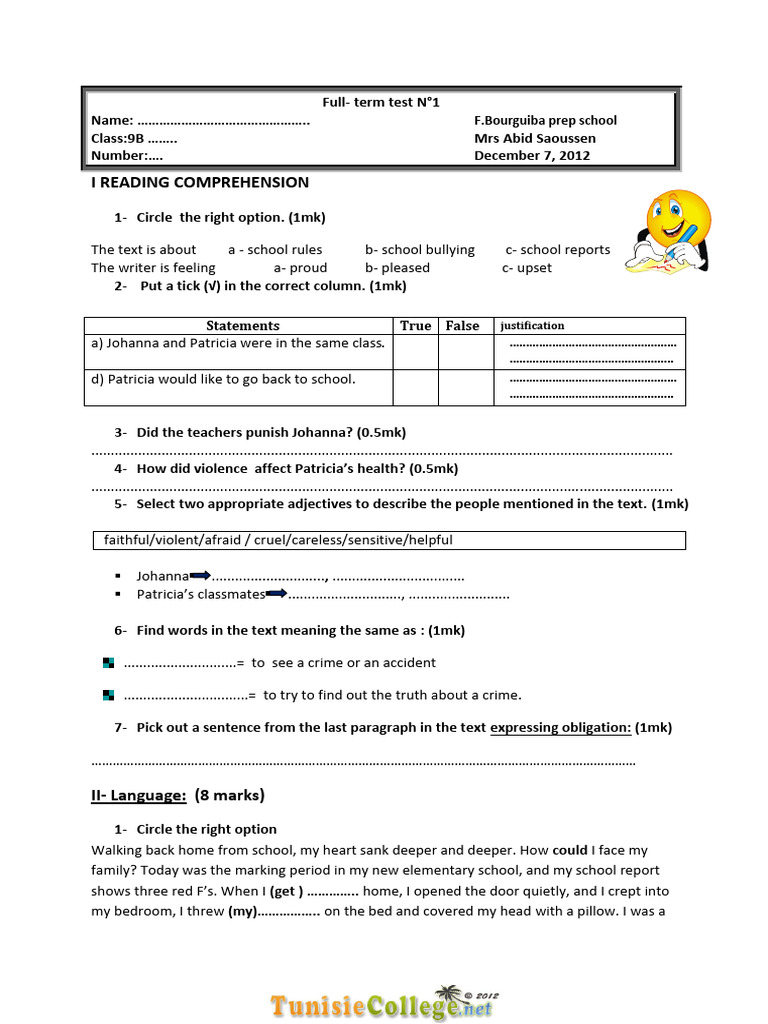 Devoir de Synthèse N°1 - Anglais Anglais - 9ème (2012-2013) Devoir Synthese Mme Sawsen Abid | PDF