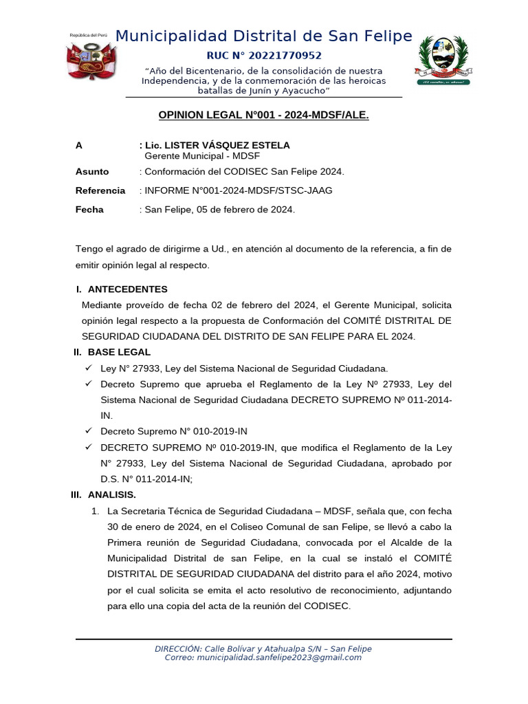 Opinion Legal N°001-2024 Conformacion Del Codisec | PDF | Perú | Valores