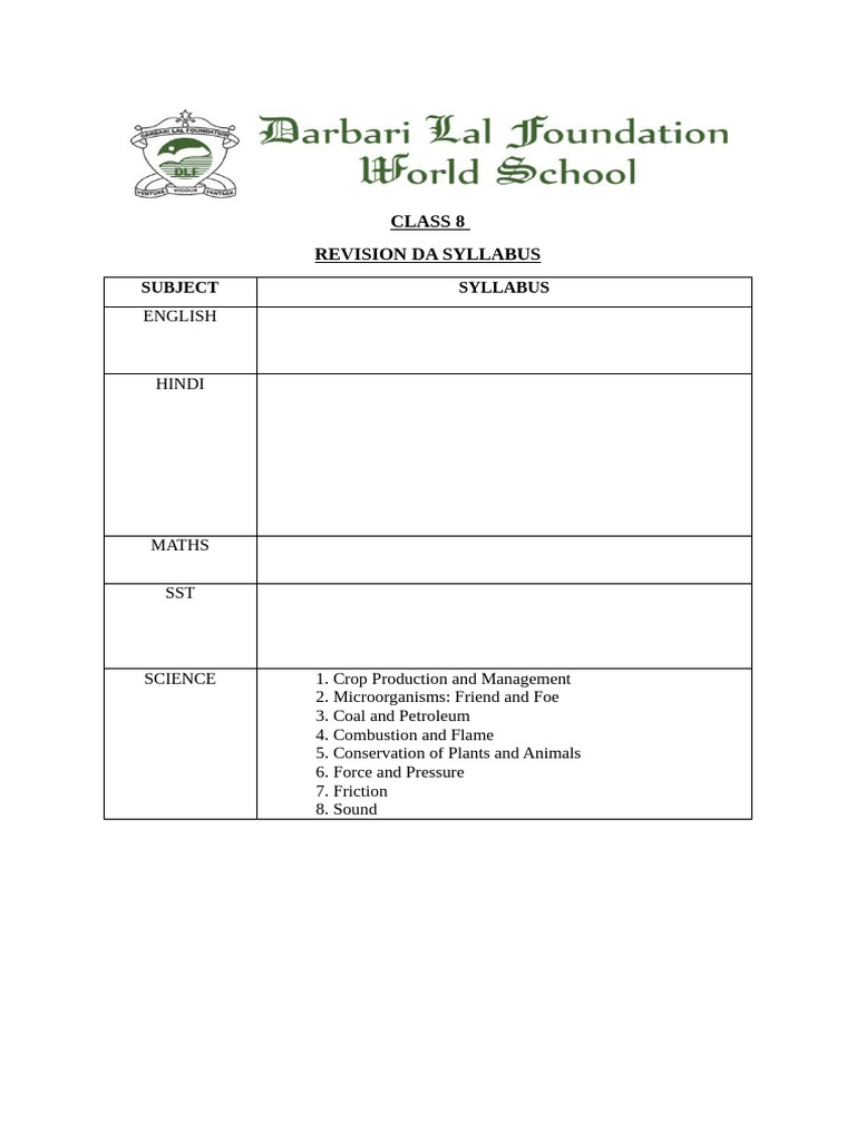 CLASS 8 Revision DA syllabus | PDF