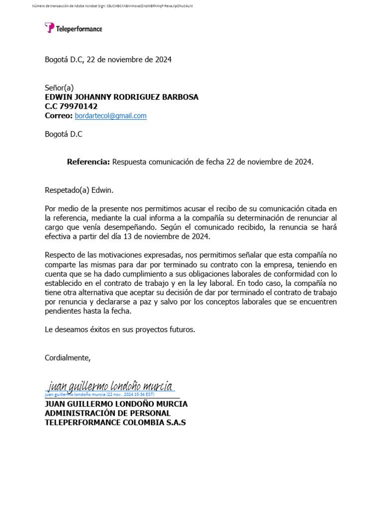 Acuse Recibo de Renuncia Edwin Rodriguez Barbosa v1. - Encrypted | PDF ...