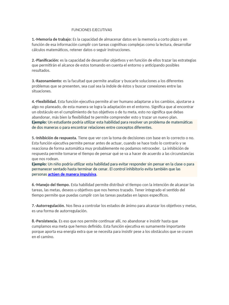 Funciones Ejecutivas Clave y Ejemplos | PDF | Funciones ejecutivas ...