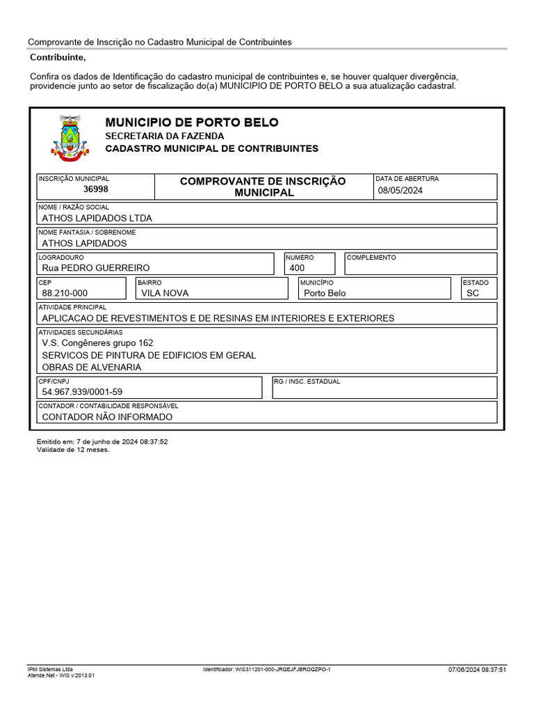 Comprovante de Inscrição Municipal | PDF
