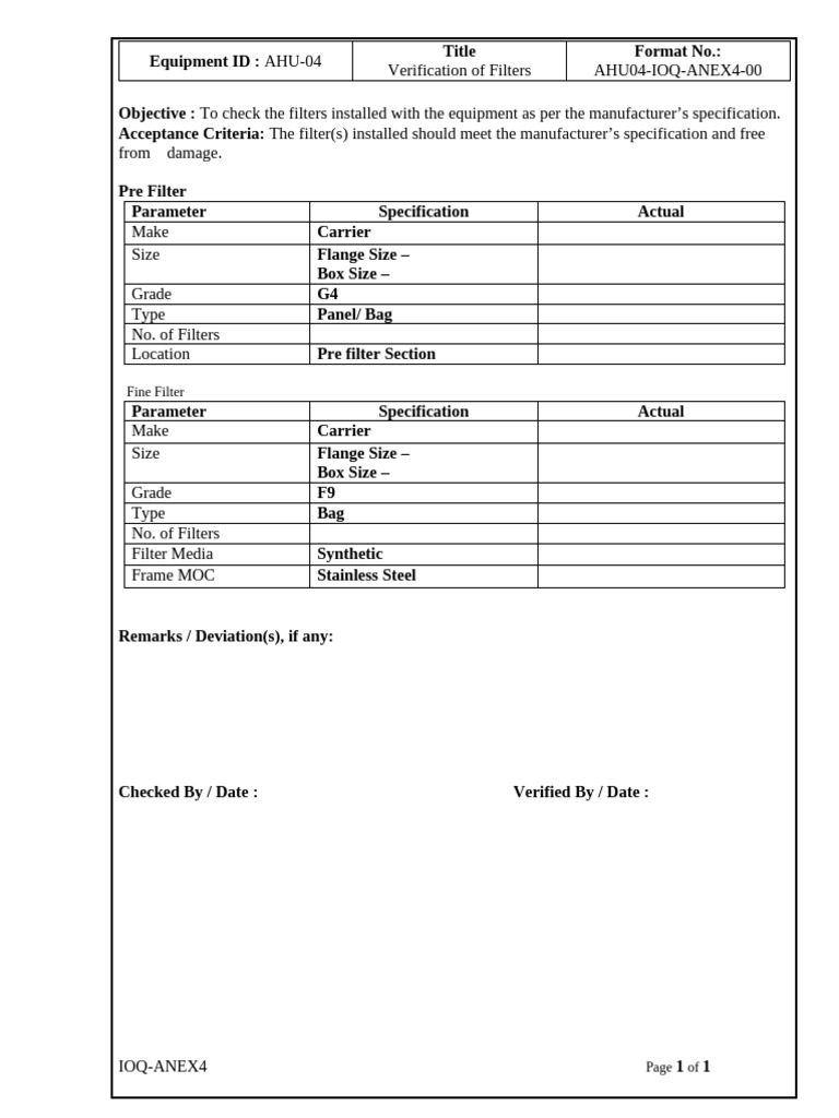 AHU04-IOQ-ANEX4-00 Verification of Filters | PDF